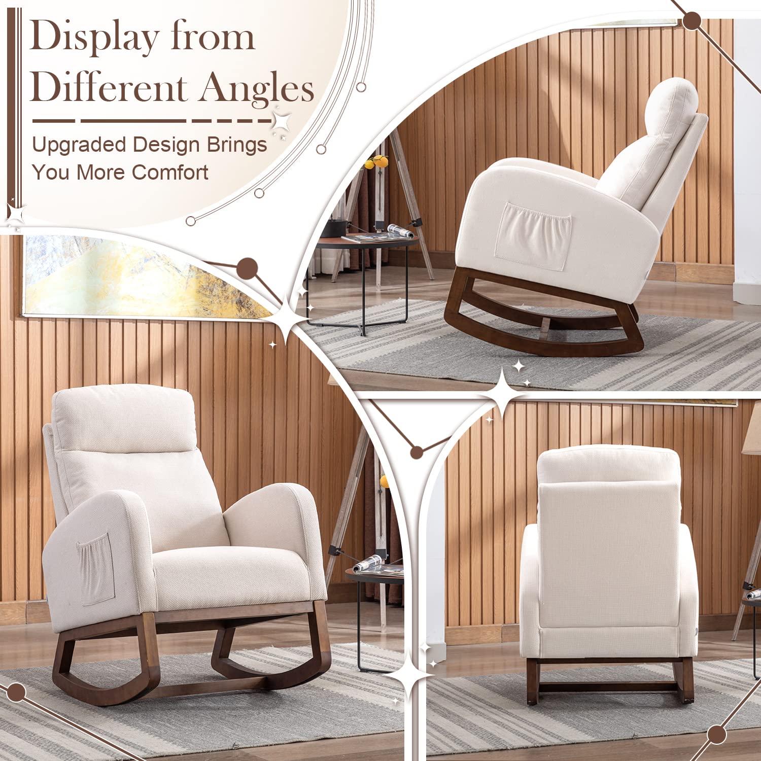 Antetek Modern Accent Rocking Chair, Upholstered Nursery Glider Rocker for Baby, Comfy Armchair with Side Pocket, Living Room Lounge Arm Chair, High Backrest with Headrest Shape Design (Light Beige)