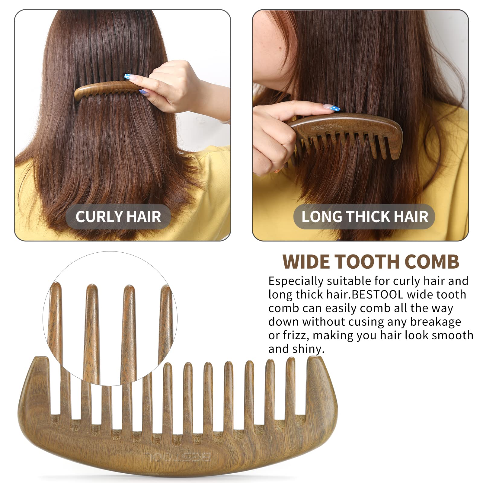BESTOOL Wide Tooth Comb,Extra Large Sandalwood Wide Tooth Comb 100% Natural Sandalwood Comb Detangler for Curly Long Thick Wet or Dry Hair Anti-static
