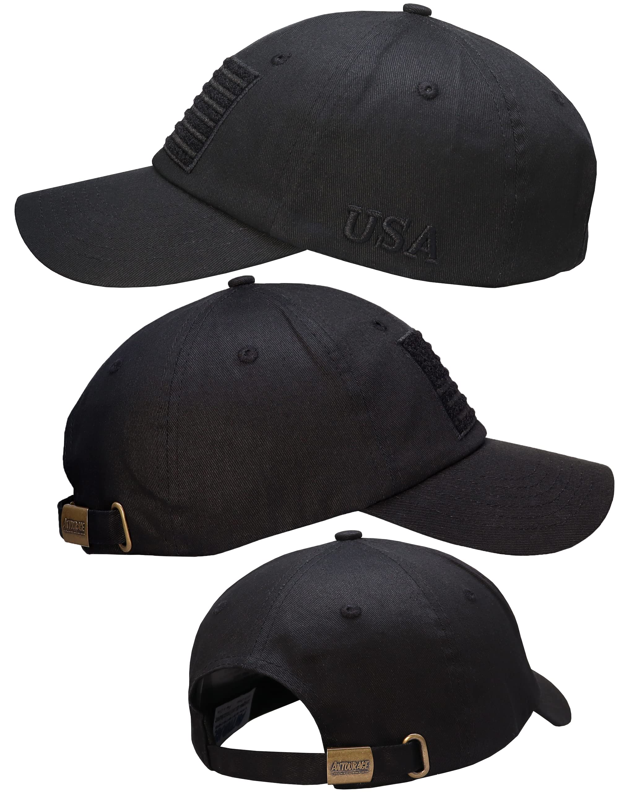 Antourage American Flag Unconstructed Hat for Men and Women Twill Mesh Snapback Baseball USA Flag Cap + 2 Patriotic Patches ((10.8) Black Classic)
