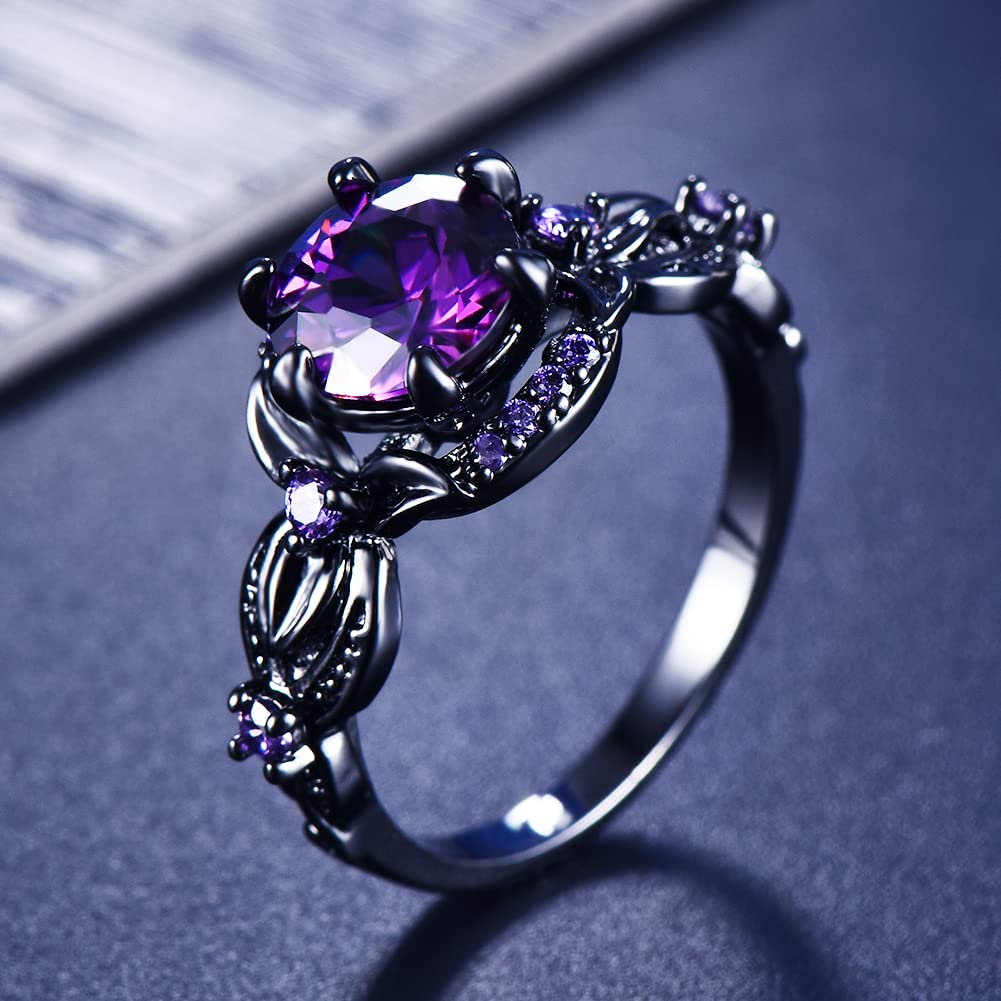 Black Gothic Rings for Women, Goth Created Amethyst Unique Black Gold Wedding Engagement Ring Jewelry Gifts Size 5 6 7 8 9 (Created Amethyst, 6)