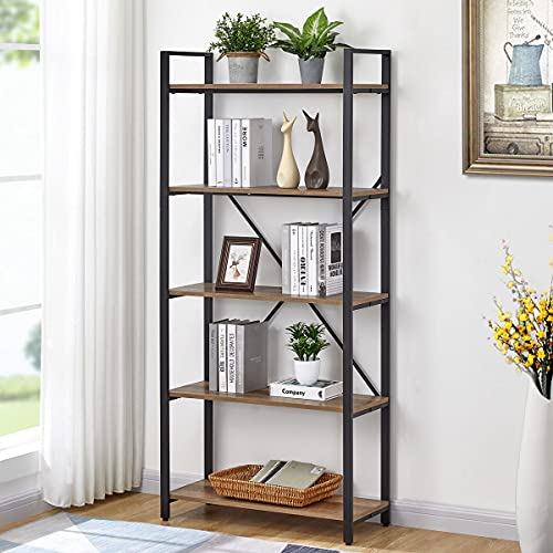 FATORRI Industrial L Shaped Computer Desk and 5 Tier Bookshelf for Home Office (Rustic Oak)