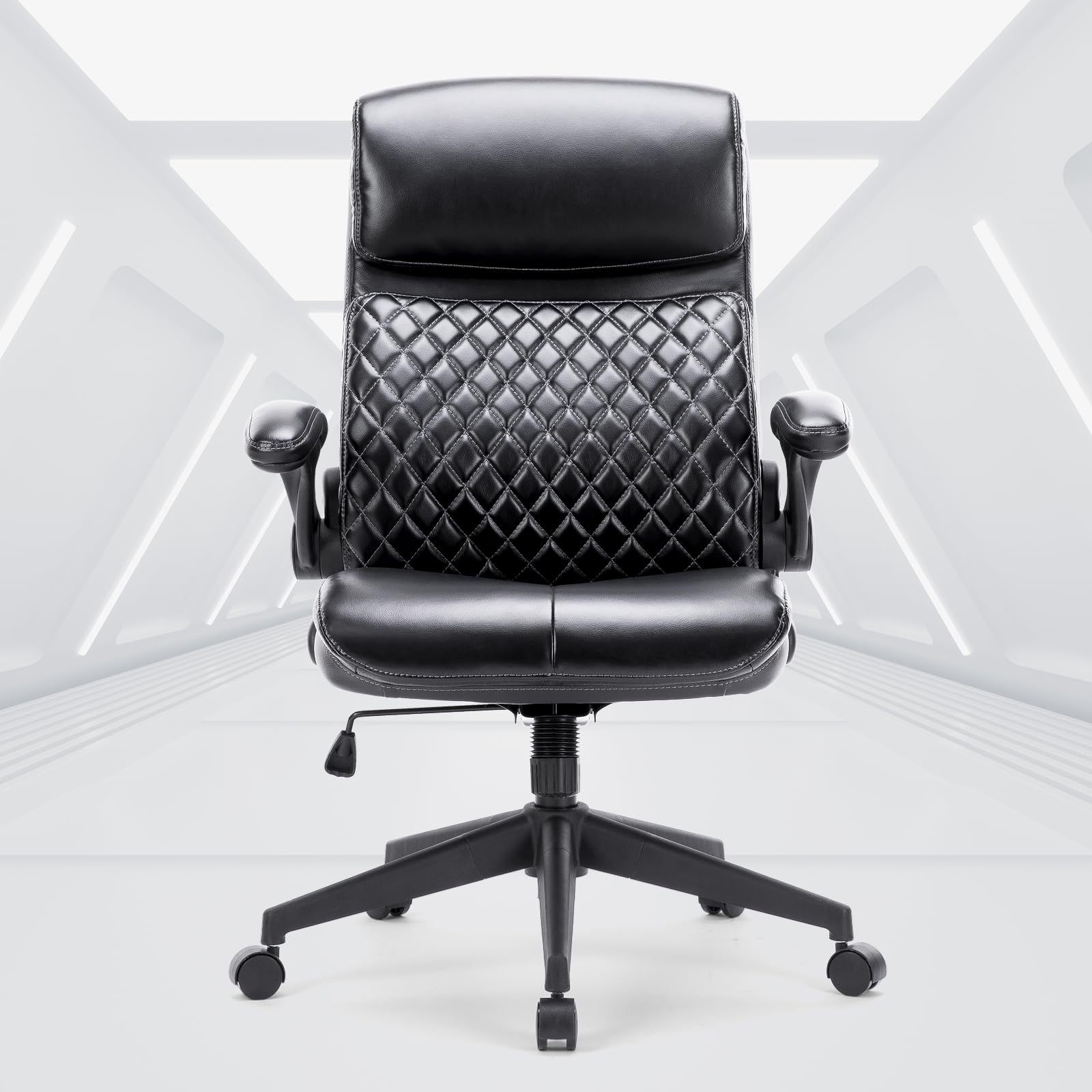 COLAMY Office Desk Chair-Executive Computer Chair, Ergonomic Leather Office Chair with Padded Flip-up Armrests, Adjustable Height Swivel Rolling Work Study Chair for Home Office Conference Room-Black