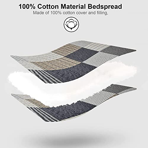 PANGUSHAN Twin Size Quilt Set,100% Cotton Quilt,Patchwork Plaid Quilt Bedding Set Bedspreads,Gray(Grey)/Black/Tan/White/Cream Quilt for Twin Bed,Reversible Lightweight Comforter Bed Set,2 Pieces