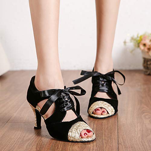 AOQUNFS Performance Dance Shoes Latin Dancing Shoes for Women Comfortable Salsa Ballroom Dance Heels,YCL310-Black Gold-5,US8