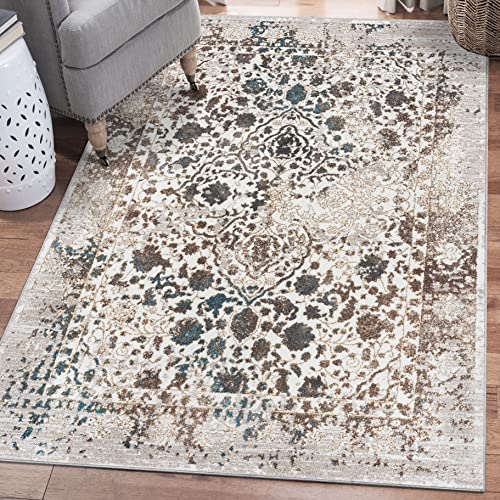 Persian-Rugs Luxe Weavers Rug 6495 ā Distressed Floral Area Rug, Cream 2x3