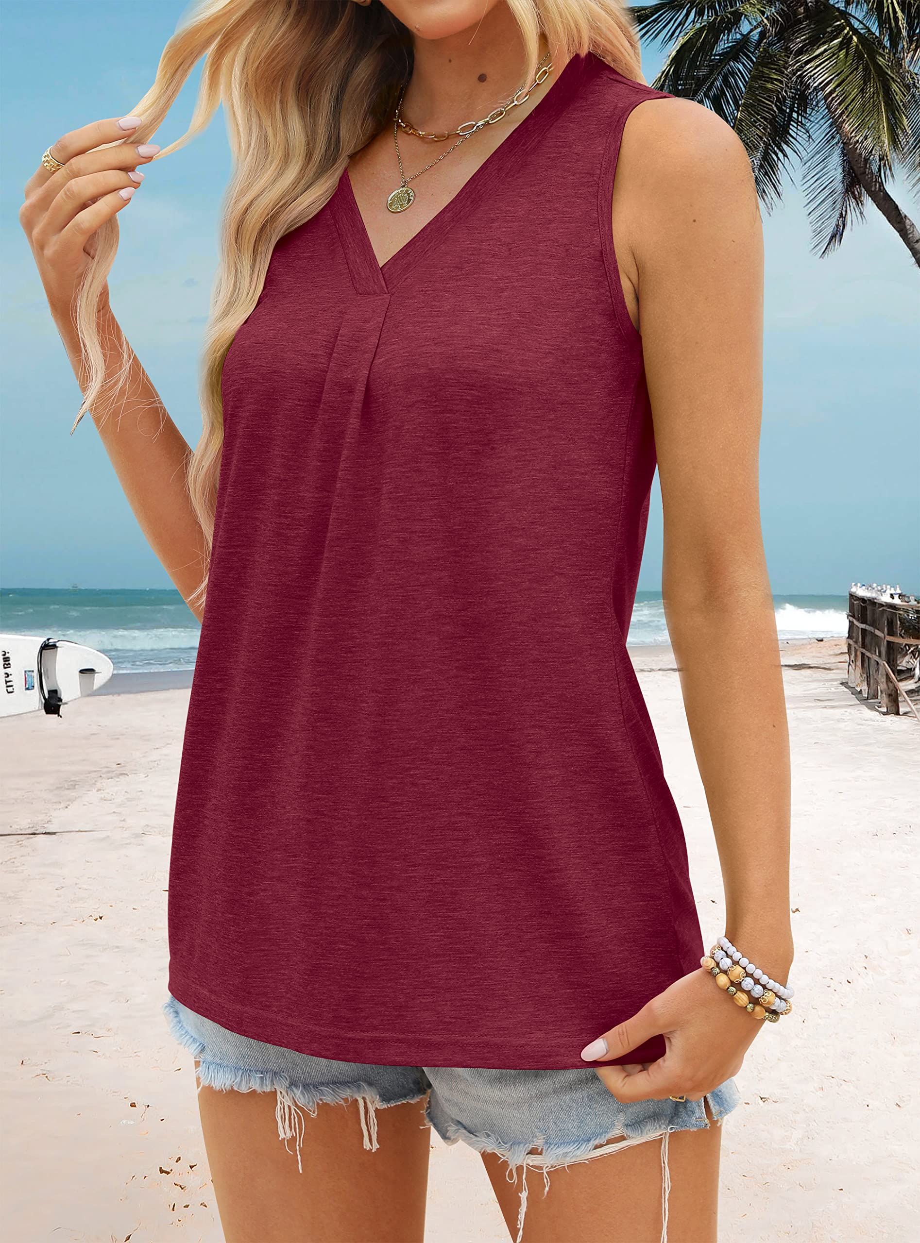 Auremore Workout Tank Tops for Women V Neck Sleeveless Blouses Casual Loose Fitting Tees Red