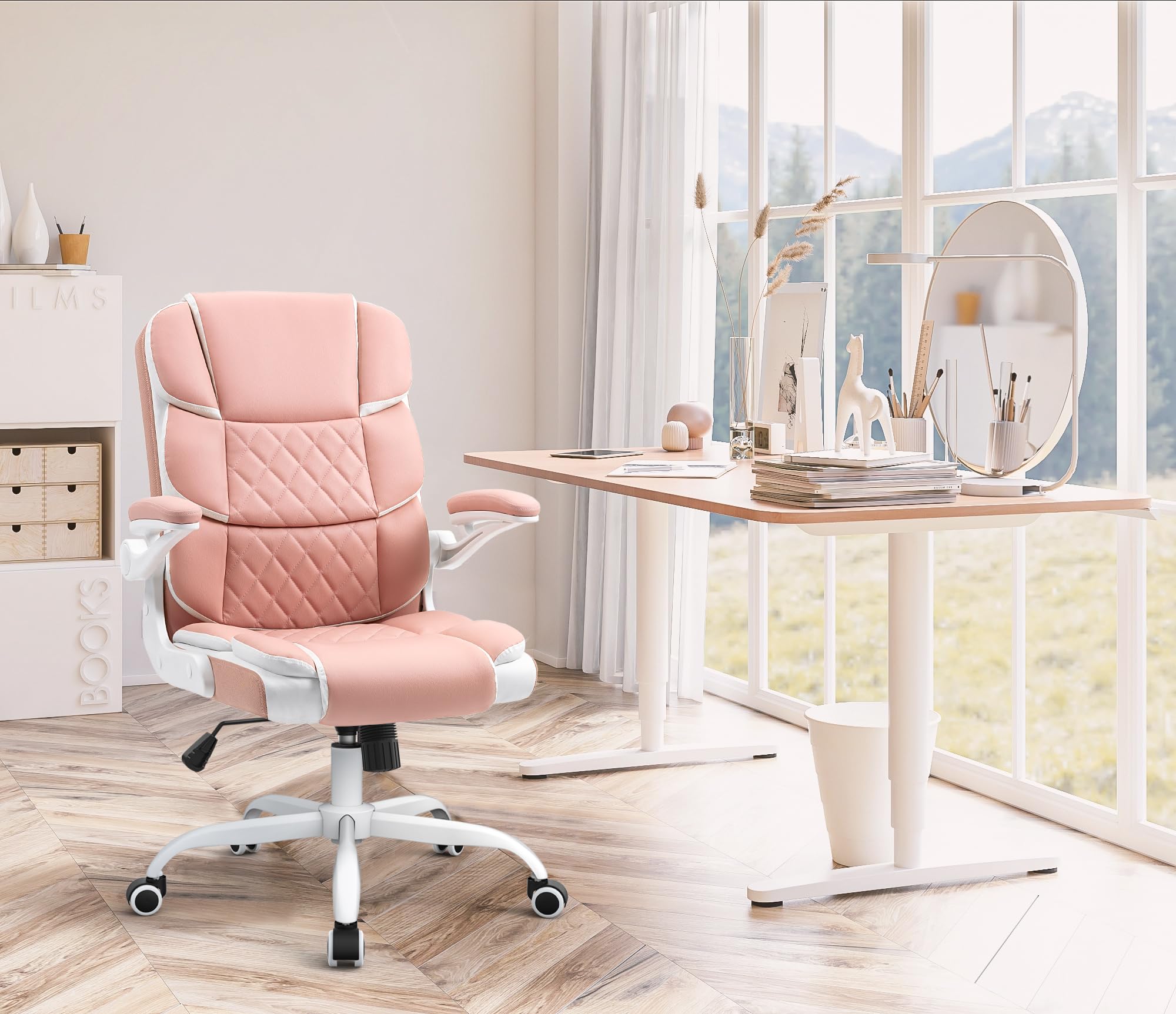Pink Desk Chair Ergonomic Office Chair Lumbar Support Desk Chairs with Wheels and Flip-up Armrest Adjustable PU Leather Computer Chair Backward Tilt, Pink