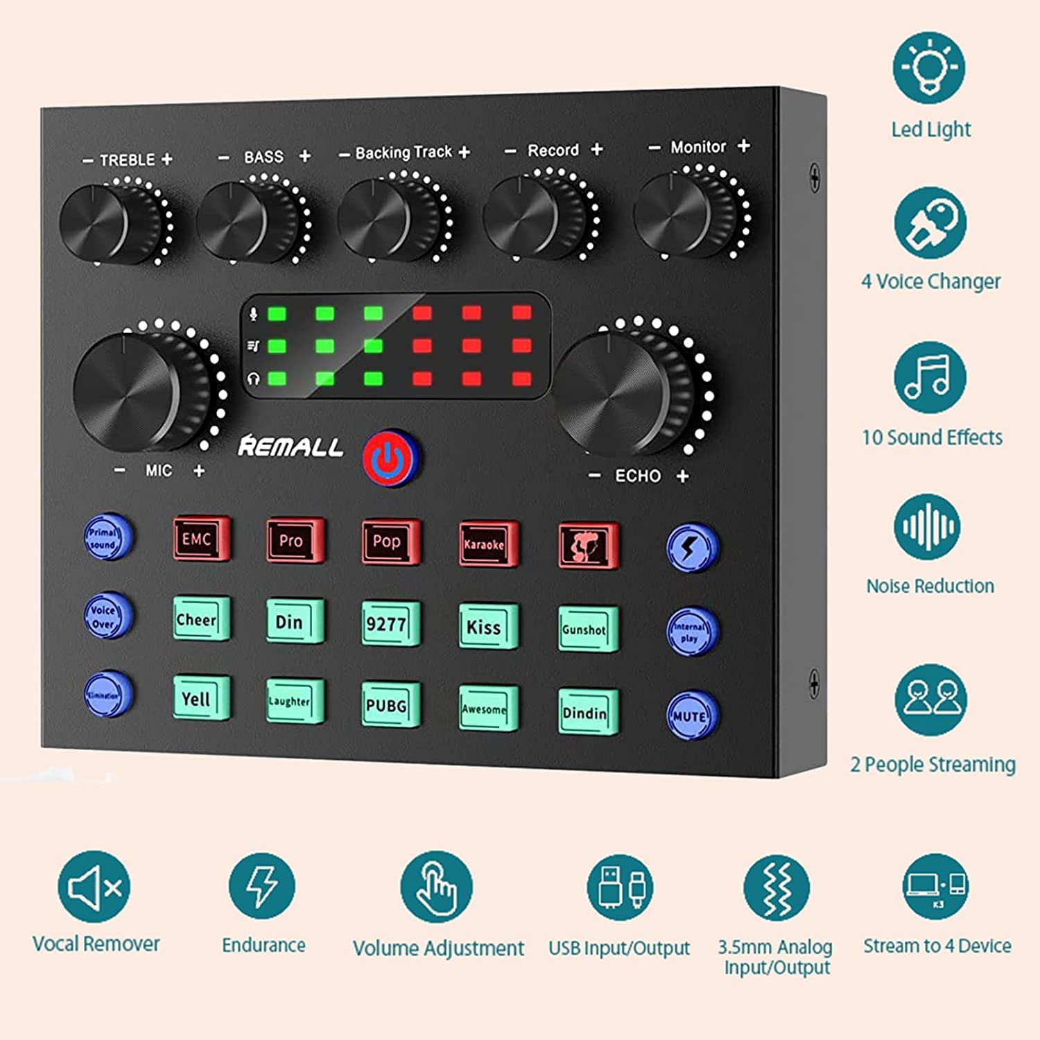 Audio Interface DJ Mixer Sound Card V8，Remall Podcast Equipment Bundle Studio Guitar Voice Changer Live Streaming Recording Gaming Broadcast PC Phone