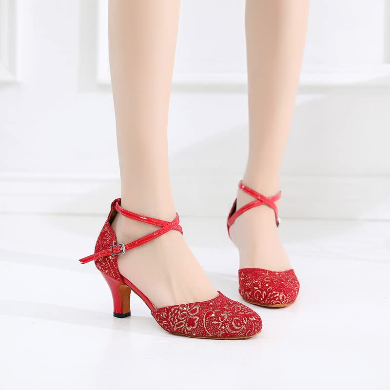 AOQUNFS Women Latin Dance Shoes Closed Toe Ballroom Salsa Tango Modern Practice Performance Party Dancing Shoes,QJW1017,Red-6,US 6.5