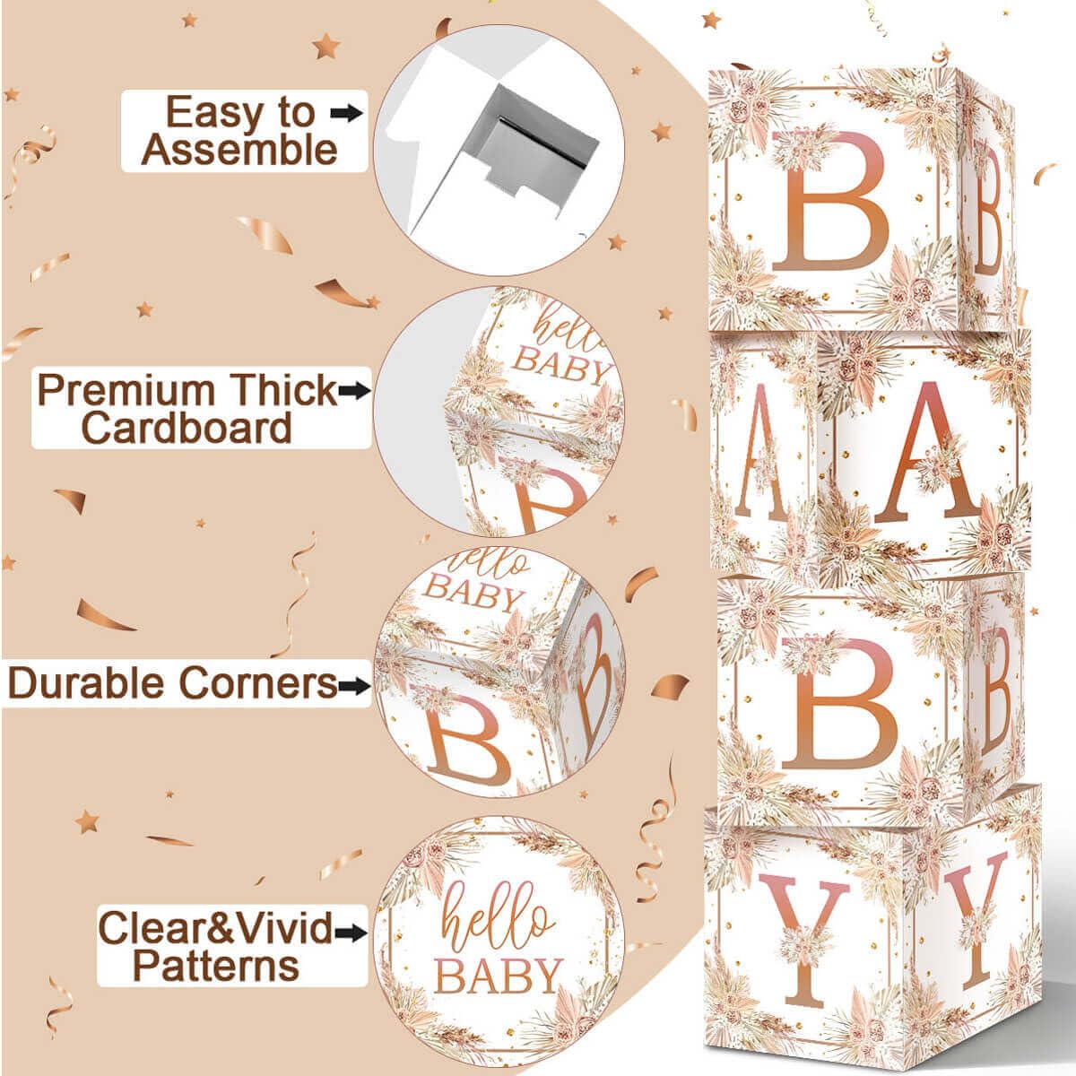 Boho Baby Shower Balloon Boxes Decorations - 4 Pcs Bohemian Pampas Grass Baby Shower Party Decorations for Hello Baby Events