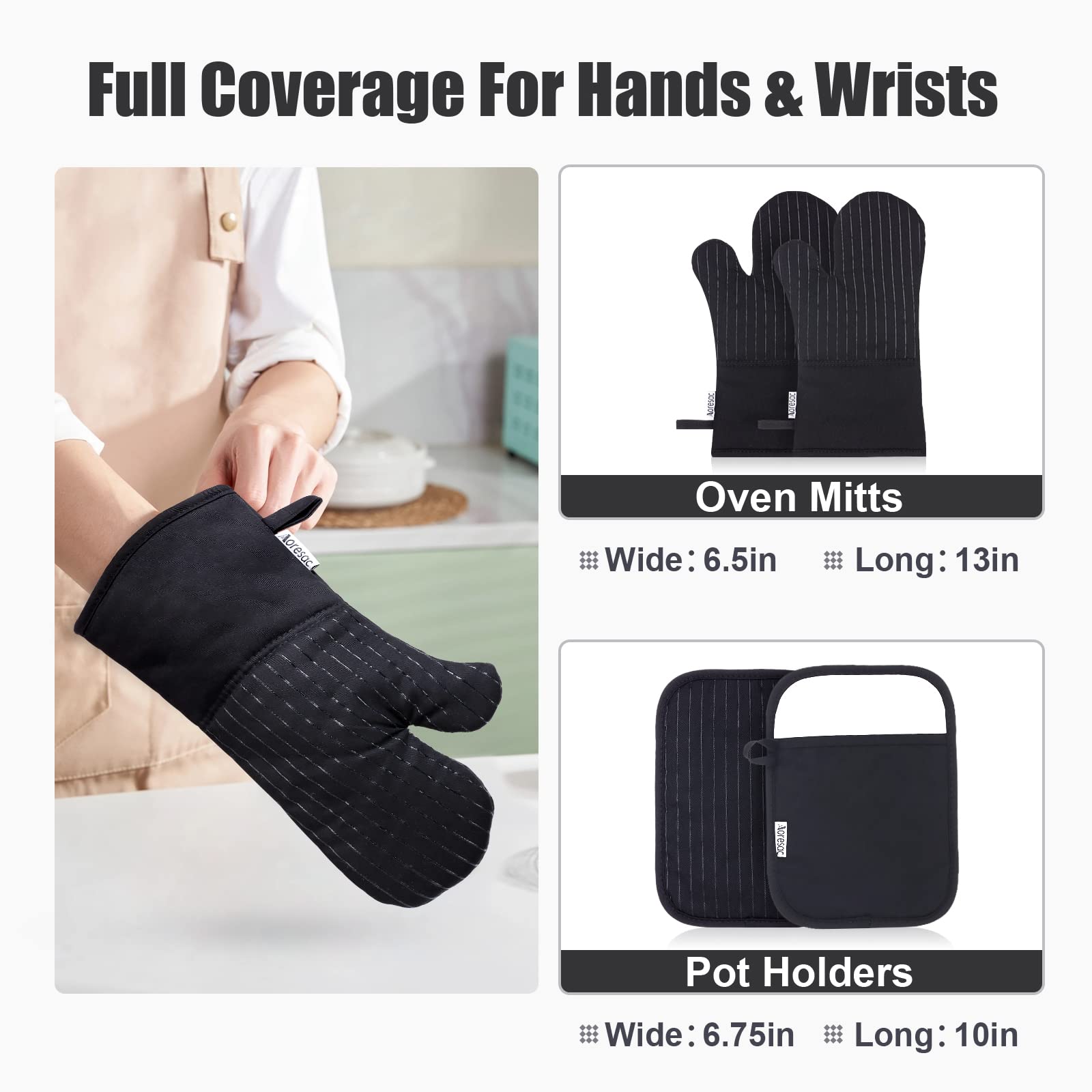 AORESAC Oven Mitts and Pot Holders Set, 500°F Heat Resistance and Flexible Oven Gloves for Kitchen Cooking, Non-Slip Silicone Surface and Soft Quilted Liner, 4 Pieces Set, 13 Inches