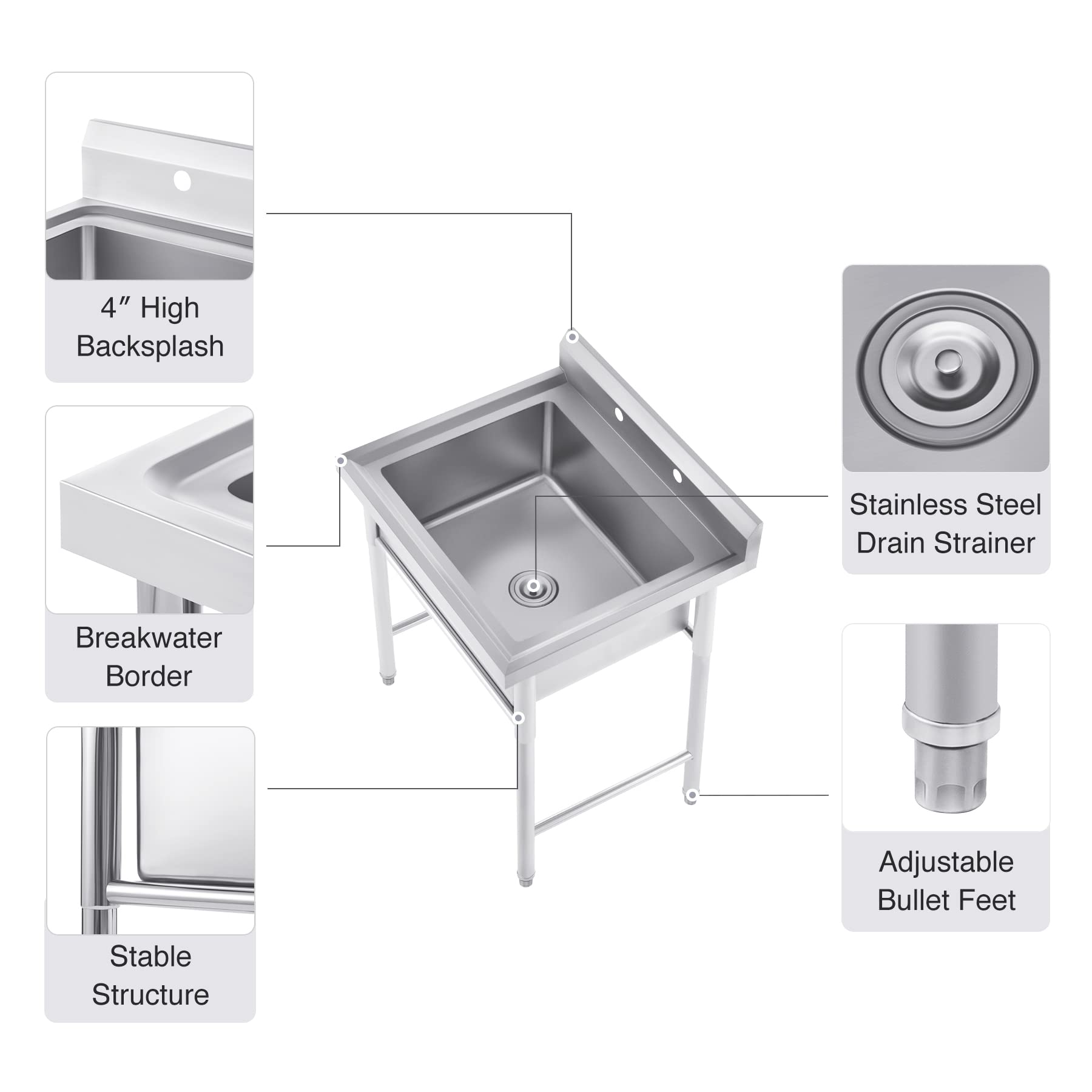 WILPREP Commercial Stainless Steel Sink, Free Standing Utility Single Bowl Restaurant Sink, Kitchen Prep & Utility Sink for Home, Garage, Bar, Laundry Room (1 Compartment,29" W x 25.2" D x 37.4" H)