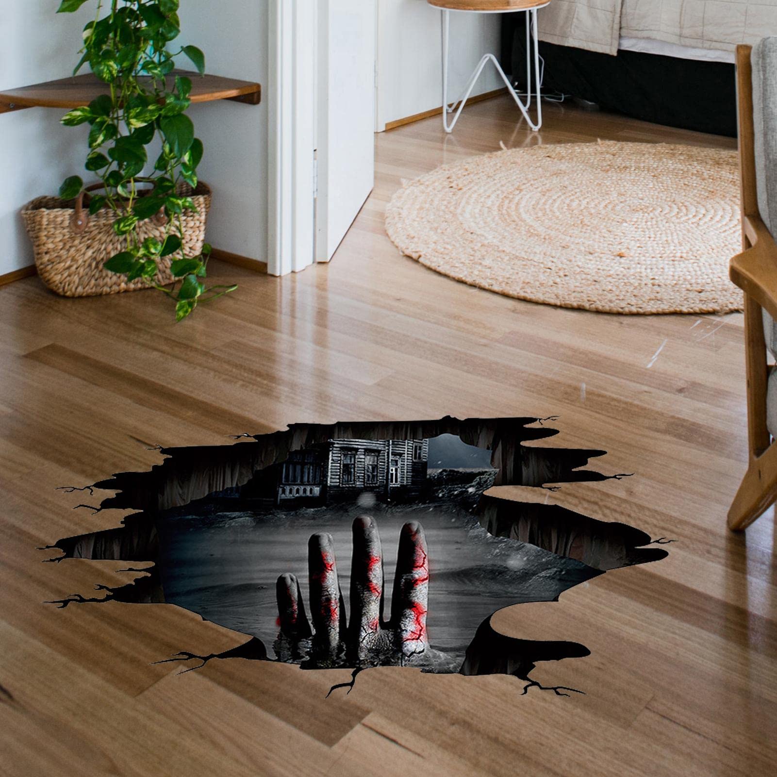 Halloween Floor Decals 3D Scary Blood Hand Scratching Floor Wall Stickers for Living Room, Removable Halloween Decor Murals for Bar Pub Bedroom Party Supplies