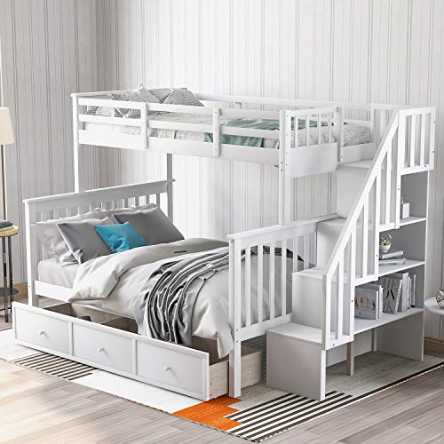 Flieks Twin-Over-Full Bunk Bed with Drawer,4 Storage and Guard Rail, Twin-Over-Full Bunk Bed for Bedroom, Dorm, for Family,Teens,No Box Spring Needed