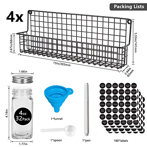 Hanging Spice Racks with Jars, 4-Tier Wall Mounted Metal Spice Racks with 32 Pcs 4oz Glass Spice Jars, Easy To Install Space Saving Organizer Shelf with Seasoning Bottles For Your Kitchen and Pantry