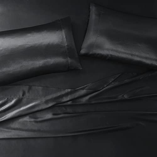 Madison Park - SHET20-173 Satin Wrinkle-Free Luxurious and Silky with 16" Deep Pocket 6 Piece Durable Sheet Set, Queen, Black