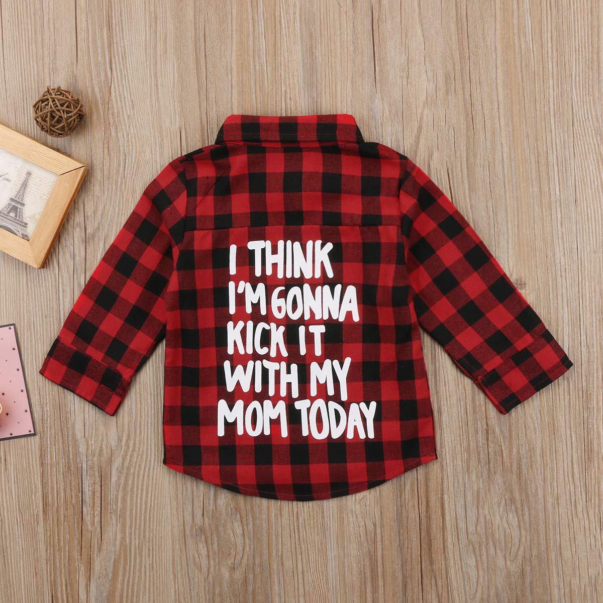 Toddler Baby Boys Girls Flannel Plaid Shirt Long Sleeve Lepel Button Down Back Letters Print Shacket Coat Top (Red Kick It with Mom,1-2 Years)