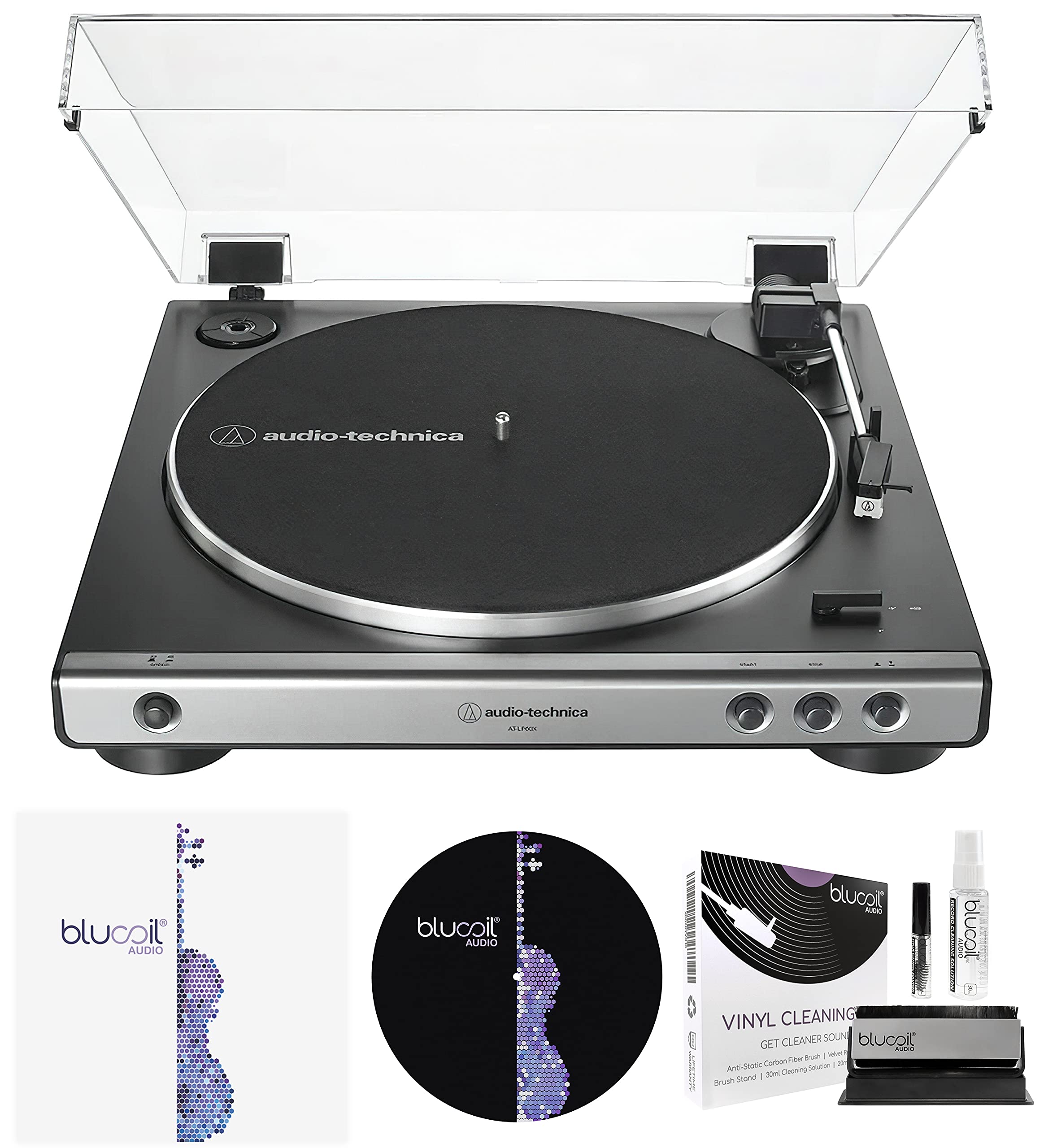 Audio Technica AT-LP60X-GM Fully Automatic Belt-Drive Stereo Turntable, Gunmetal/Black, Hi-Fi, 2 Speed Bundle with Blucoil Vinyl Cleaning Kit, LP Inner Sleeve, and 12" Turntable Slipmat