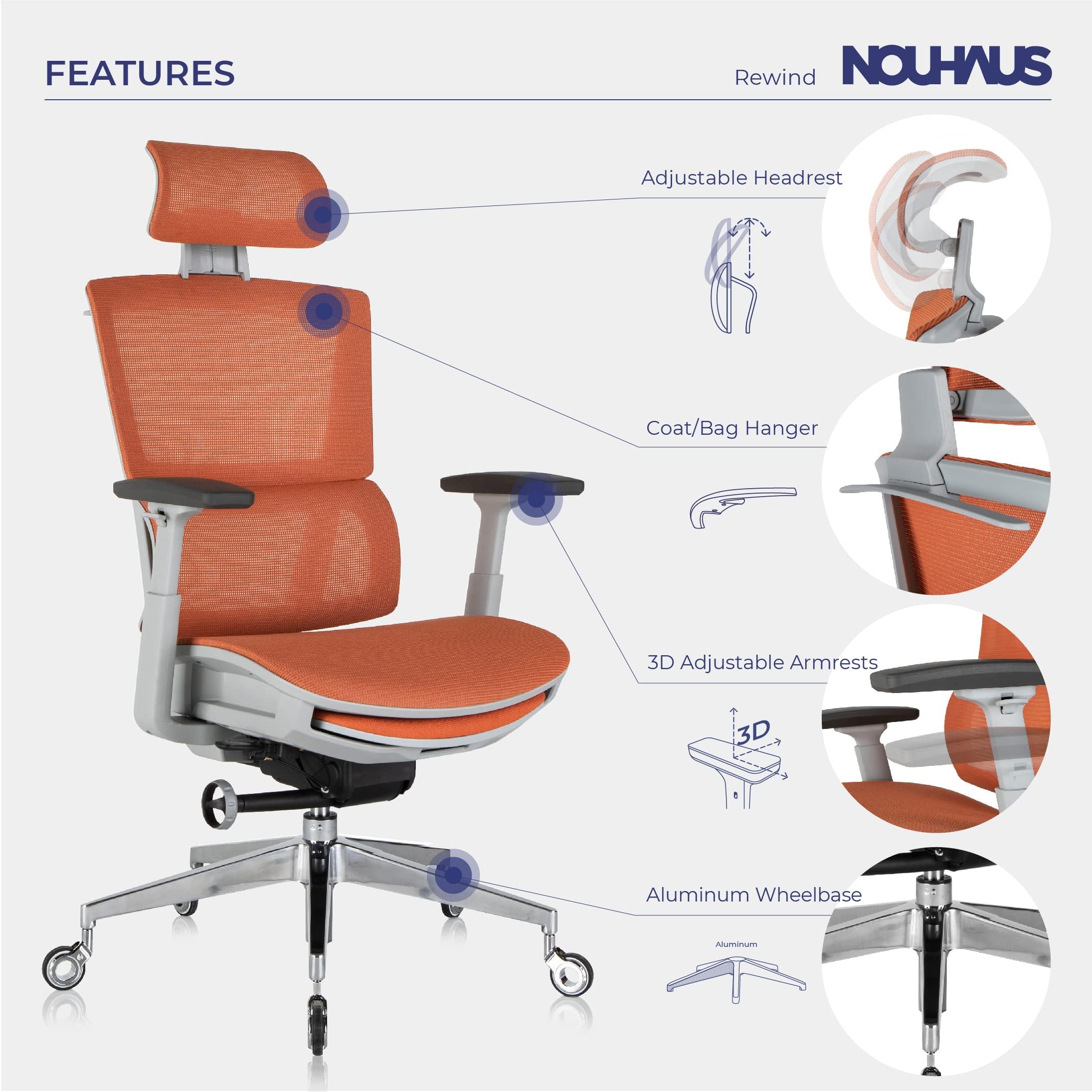 Nouhaus Rewind Ergonomic Office Chair with Footrest and Lumbar Support,Rolling Home Office Desk Chairs with Wheels,Mesh High Back Task Chair (Orange)