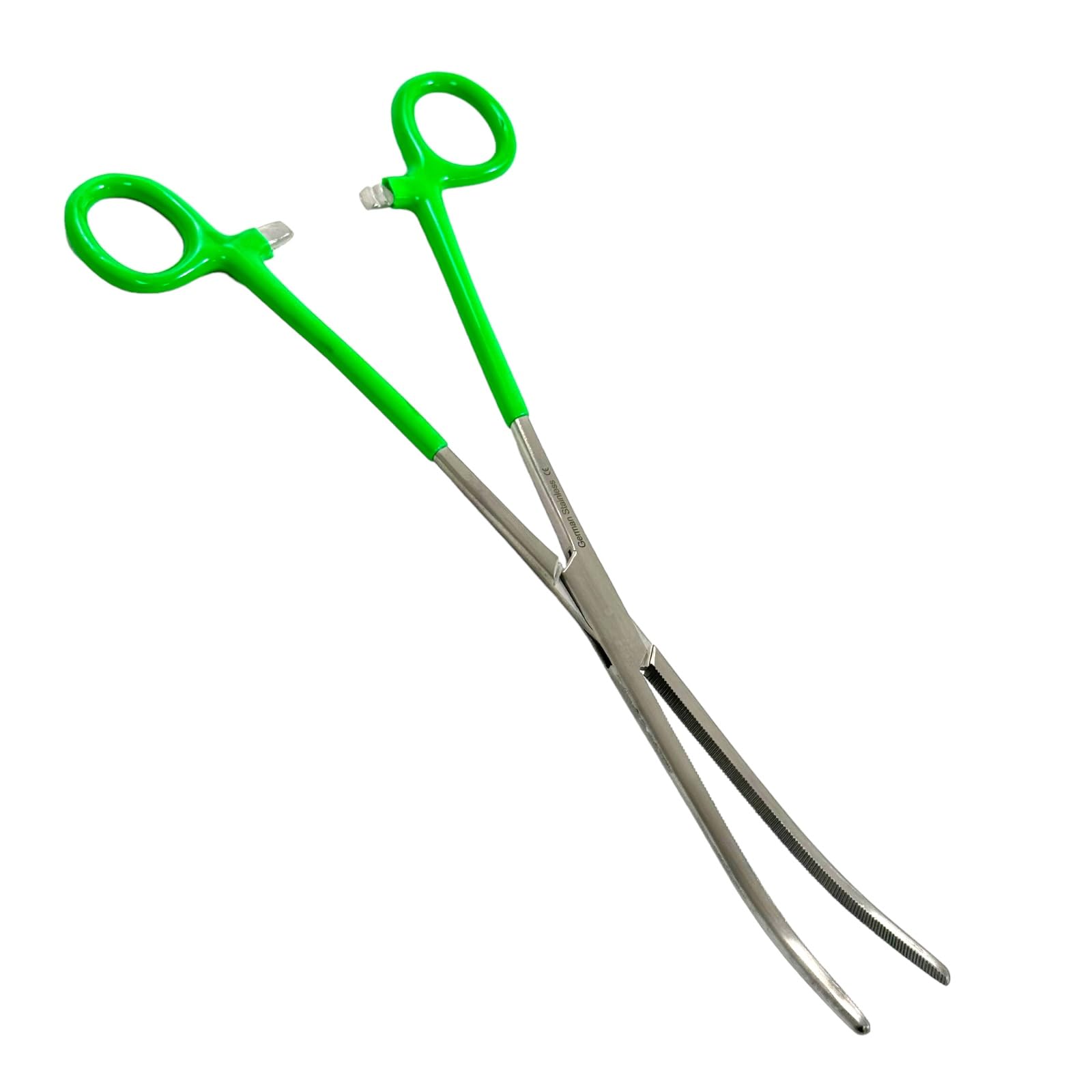 New Premium German Stainless Straight + Curved Hemostat Forceps, Hemostat Forceps clamp 10" (Cynamed Brand) Set of 2 ea-Green