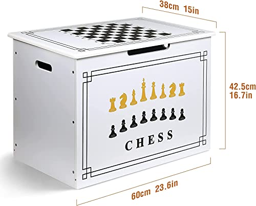 Wooden Toy Box and Storage Chest with Chess and Safety Hinge for Kids and Babies – Girls and Boys - White