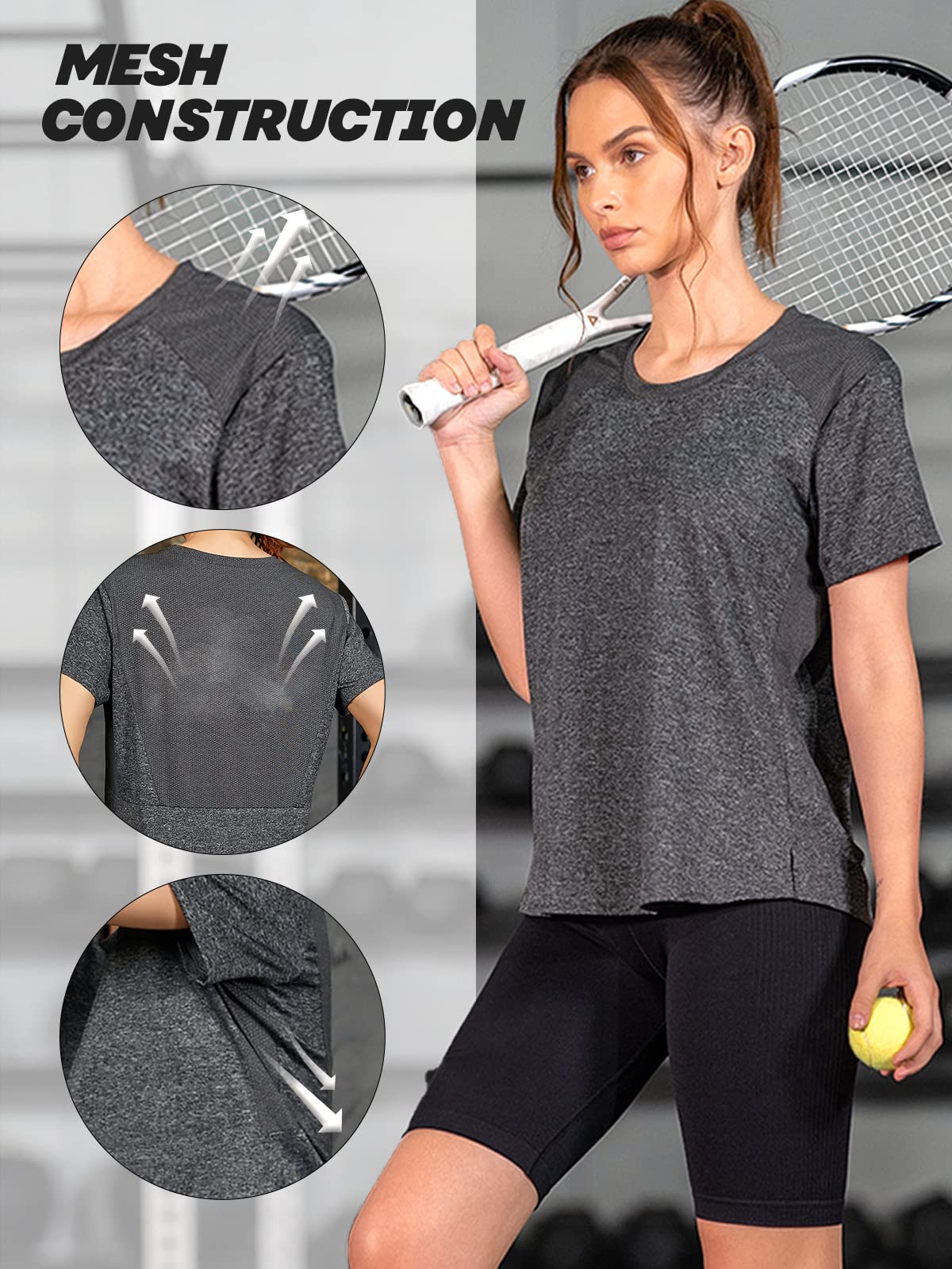 Blooming Jelly Womens Gym Shirts Short Sleeve Loose Fit Athletic Tees Moisture Wicking Crew Neck Running Tops (Large, Dark Grey)