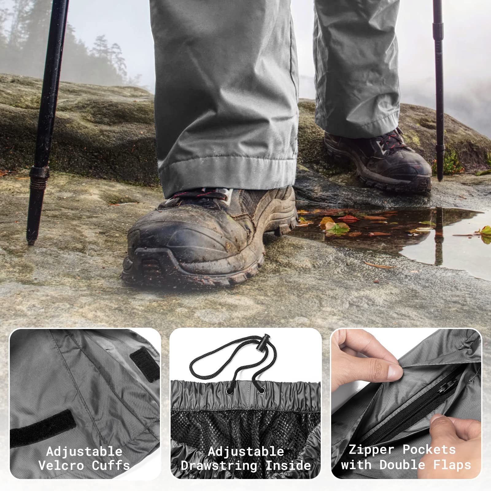 AXESQUIN Rain Pants Men, Mens Rain Pants Waterproof Pants with Pockets Lightweight Packable Outdoor Over Pants for Hiking Grey L