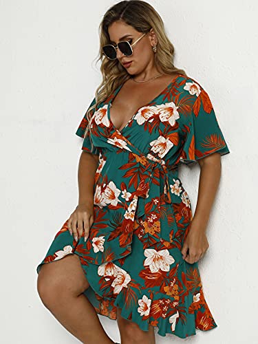 Floerns Women's Plus Size Striped Print Wrap V Neck Short Sleeve A Line Dress Green Multi 1XL