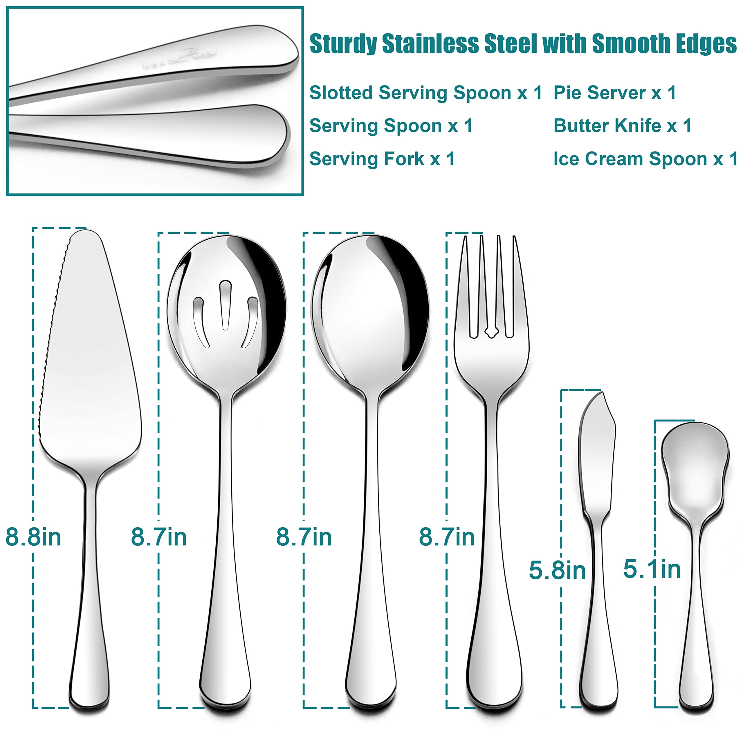 Homikit 6 Pieces Serving Utensils, Stainless Steel Serving Hostess Set, Metal Serving Silverware with Serving Spoons Fork, Pie Server, Butter Knife, Ice Cream Spoon, Mirror Polished, Dishwasher Safe