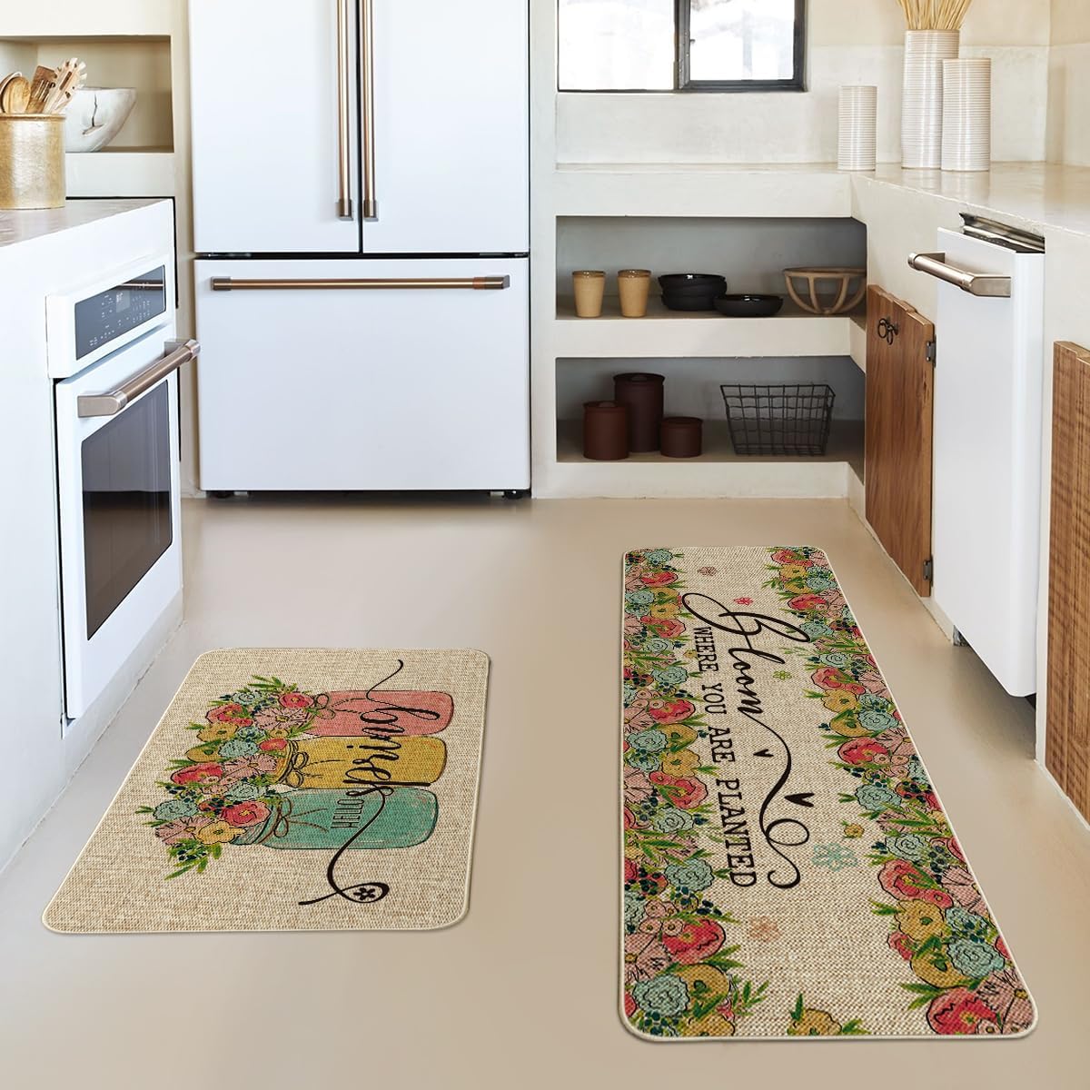 Artoid Mode Vases Flowers Hello Spring Kitchen Mats Set of 2, Home Decor Low-Profile Kitchen Rugs for Floor - 17x29 and 17x47 Inch
