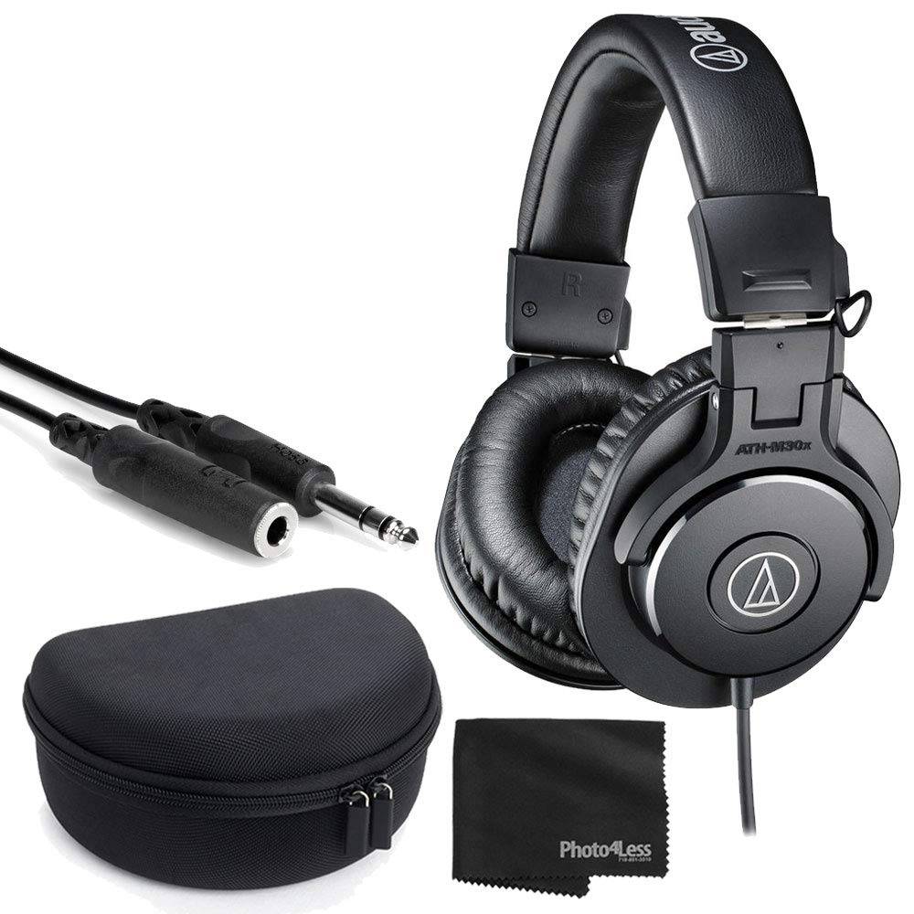 Audio-Technica ATH-M30x Closed-Back Monitor Headphones (Black) + Headphone Case + 1/4 inch TRS Extension Cable + Cloth β Deluxe Headphone Bundle
