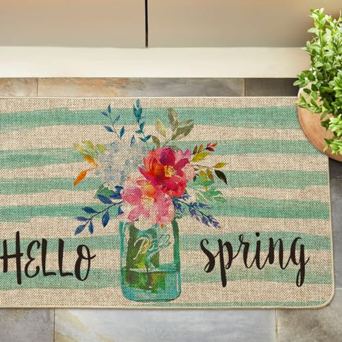 Artoid Mode Watercolor Stripes Hello Spring Doormat, Seasonal Holiday Home Low-Profile Floor Mat Switch Mat for Indoor Outdoor 17 x 29 Inch
