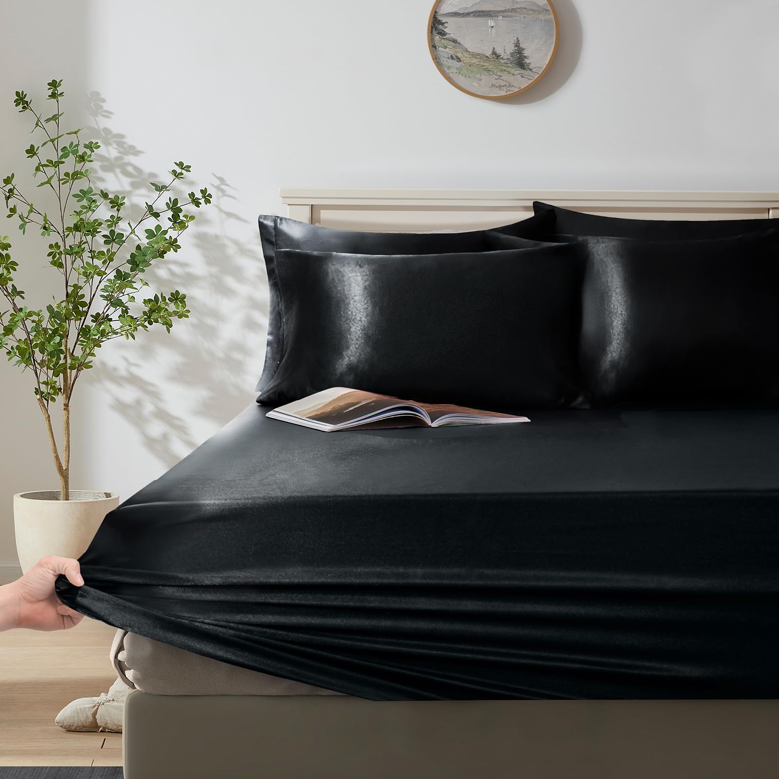 Manyshofu 6Pcs Black Satin Duvet Cover Set Queen Size with Satin Fitted Sheet - Not Comforter, Silky Comforter Cover Set Satin Duvet Covers and Sheets (4 Pillowcases, 1 Duvet Cover, 1 Fitted Sheet)