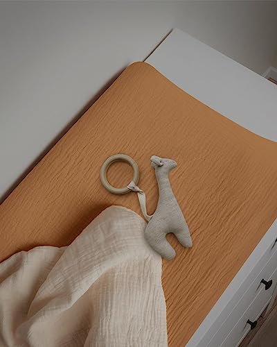 Muslin Changing Pad Cover, Ultra Soft Cotton Diaper Changing Table Covers for Baby Girls Boys, Boho Changing Pad Sheets Neutral, Comfy and Breathable, 2 Pack (Retro Yellow & Beige)
