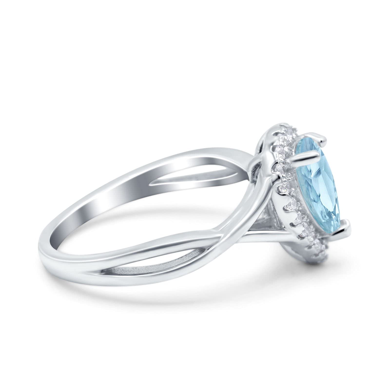 Blue Apple Co. Simulated Aquamarine Cubic Zirconia Size-8 Teardrop Pear Halo Twist Infinity Shank Art Deco Engagement Wedding Bridal Ring Round Simulated CZ 925 Sterling Silver