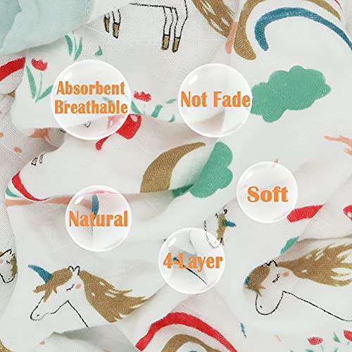 Muslin Soft Swaddle Blankets, Muslin Quilt Baby Blanket for Boy Girl Toddler Daycare, Multiple Layer Swaddle Wrap, 70% Bamboo 30% Cotton, Practical Size 43X45inchs (Rainbow Unicorn)