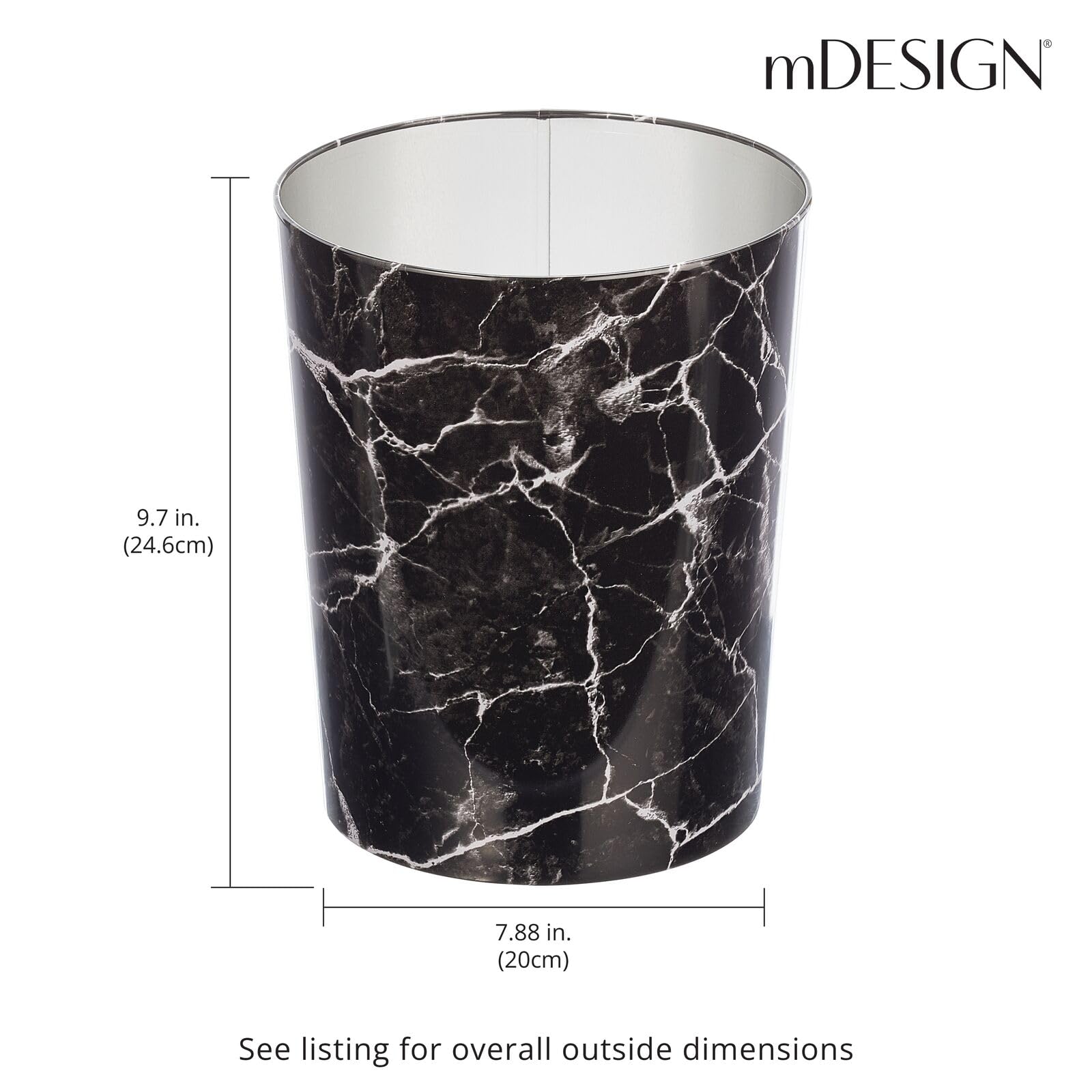 mDesign Round Metal Small 1.7 Gallon Recycle Trash Can Wastebasket, Garbage Container Bin for Bathrooms, Kitchen, Bedroom, Home Office - Durable Stainless Steel - Mirri Collection - Black Marble