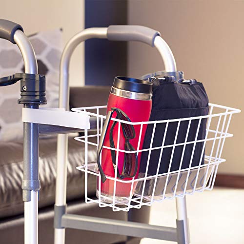 HealthSmart Walker Storage Basket with Cup Holder and Insert Tray, FSA Eligible, No Tools Needed, Universal Fit, White, 16 x 5.5 x 7, Walker Accessories Basket