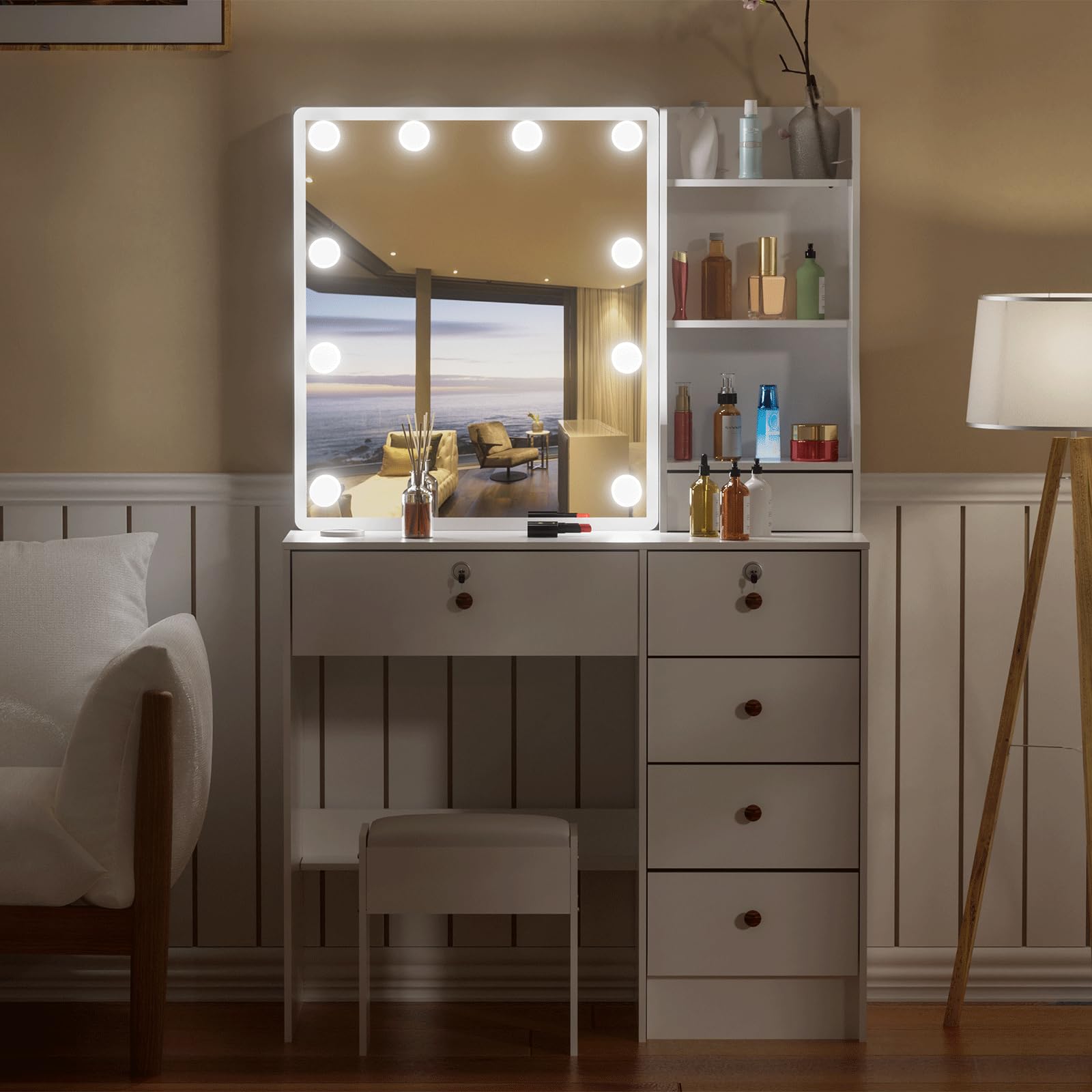 Buildonely Makeup Vanity Set with Mirror and Lights, Hollywood Vanity Desk with 4 Drawers and Display Shelves for Storing Items, Dressing Table with Soft Stool for Girls