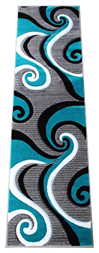 Masada Rugs, Sophia Collection Hand Carved Area Rug Modern Contemporary Turquoise White Grey Black (2 Feet X 7 Feet 3 Inch) Runner