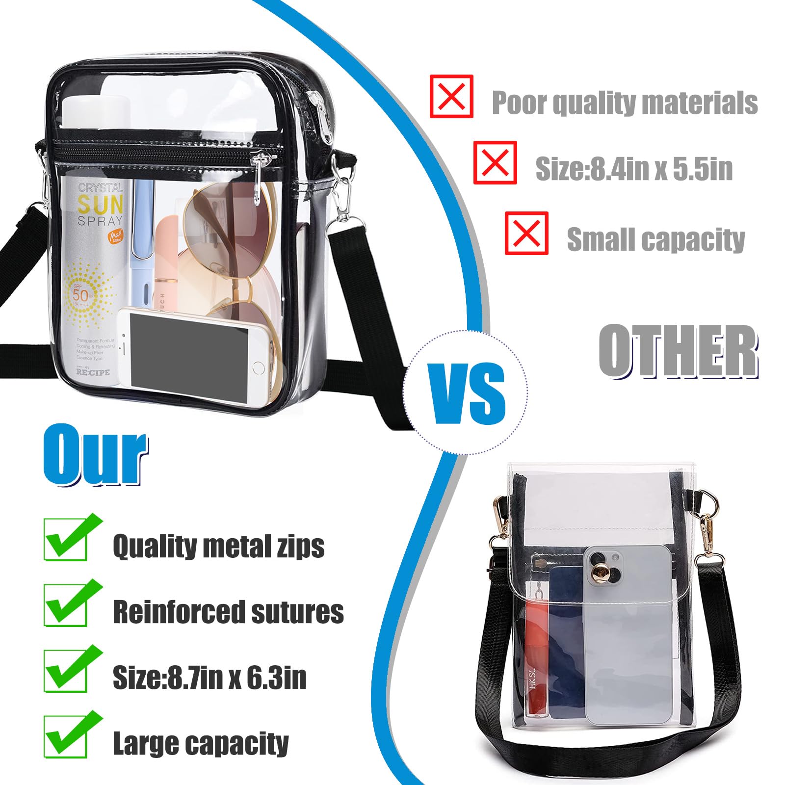 AURUZA Clear Crossbody Bag,Clear Bag for Women with Adjustable Strap,Clear Purse Stadium Approved for Concerts Festivals