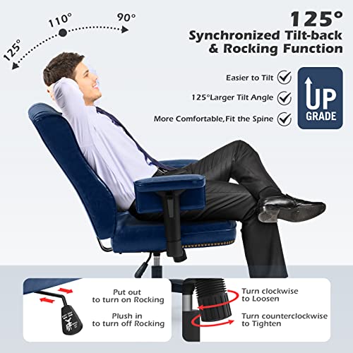 YAMASORO Ergonomic Executive Office Chair with Height-Adjustable, Tufted Back & Nailhead Trim, High-Back Desk Chair for Home & Office, Faux Leather Swivel Managerial Chair,Blue