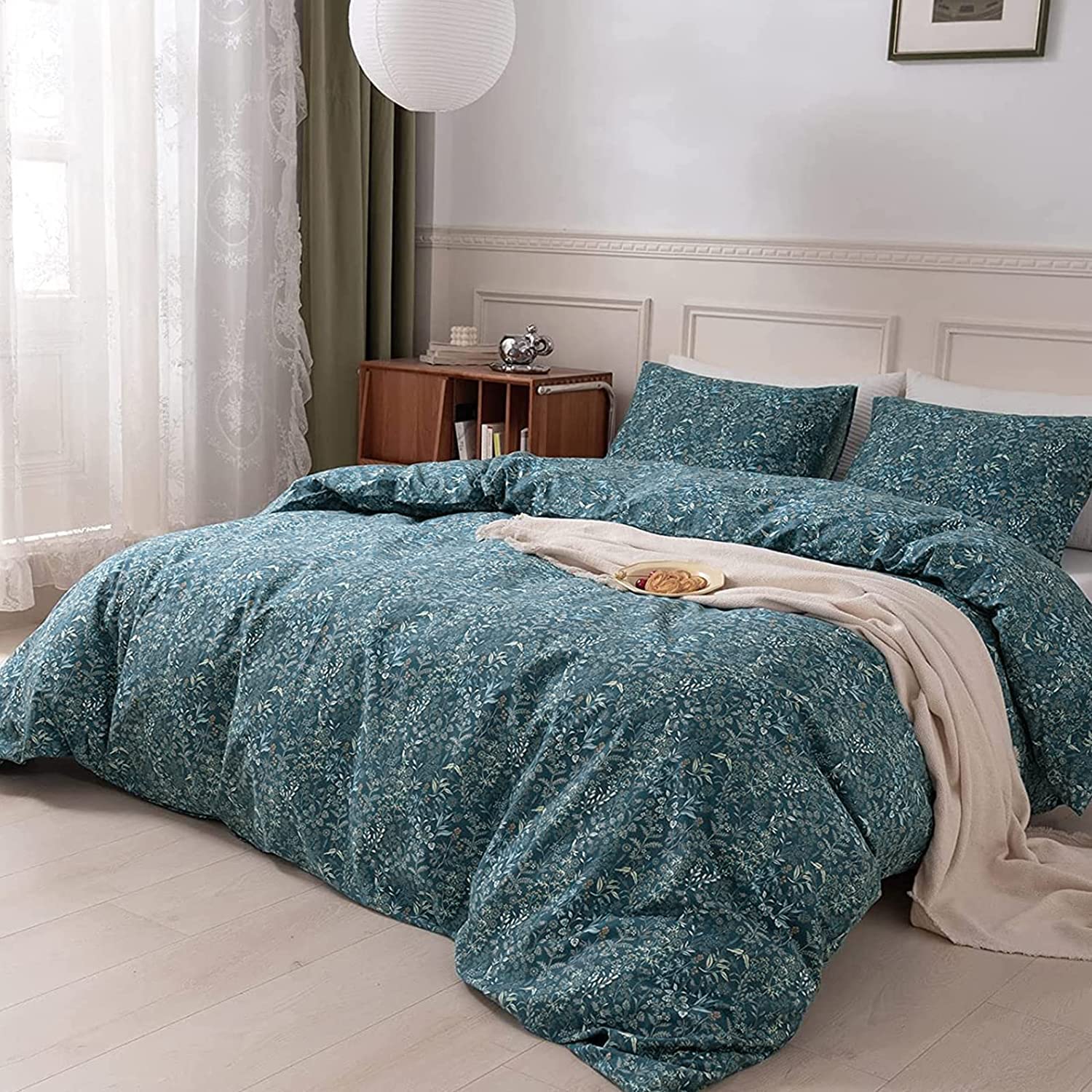 EAVD Garden Style Botanical Floral Duvet Cover Twin Soft 100% Cotton Yellow Floral Leaves Pattern Bedding Set with 2 Pillowcases Reversible Girld Plaid Duvet Cover with Zipper Closure
