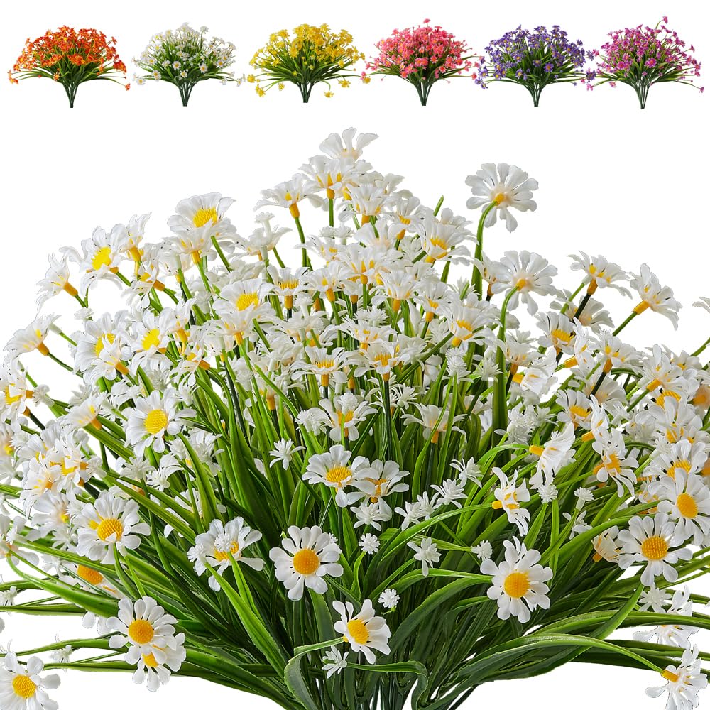 JOYGAR 8 Bundles Artificial Daisy Flowers Fake Sunflowers UV Resistant No Fade Faux Greenery Faux Plastic Flowers for Wedding Garden Hanging Planter Indoor Porch Patio Office Home Decoration(White)