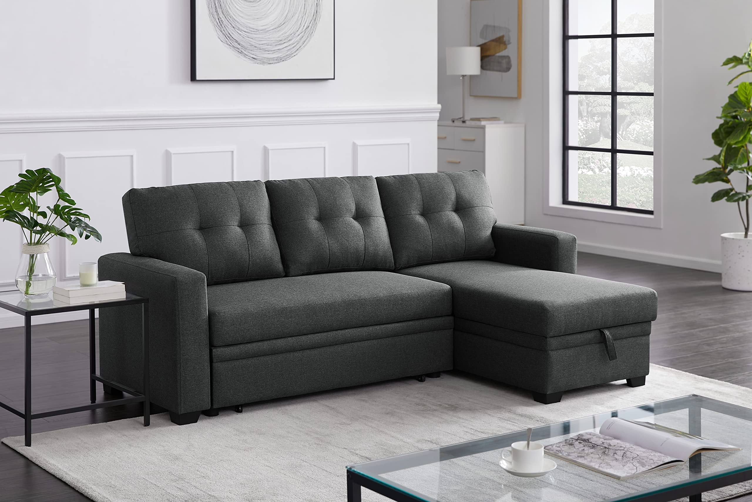 L-Shaped Corner Sleeper Sectional Sofa Modern Linen Upholstered Sofa&Couch Convertible Sofabed W/Pull Out Sleep Couch Bed and Reversible Storage Chaise for Home Apartment Living Room Furniture Sets