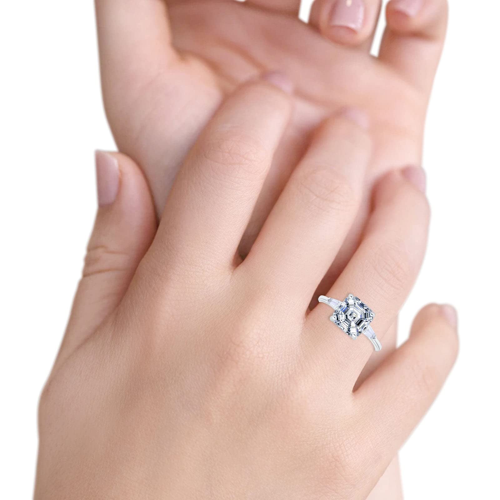 Blue Apple Co. Simulated Cubic Zirconia Size-6 Asscher Cut Art Deco Wedding Engagement Ring Bridal Baguette CZ 925 Sterling Silver