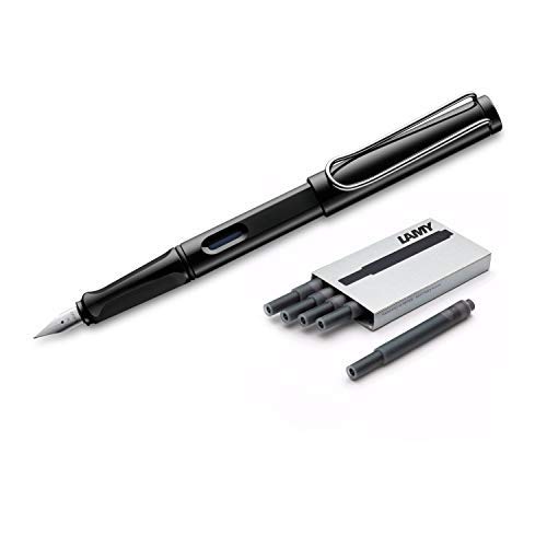 LAMY Safari Fountain Pen (19M) Black & 5 Black Ink Cartridges (LT10BK, L19BKM)