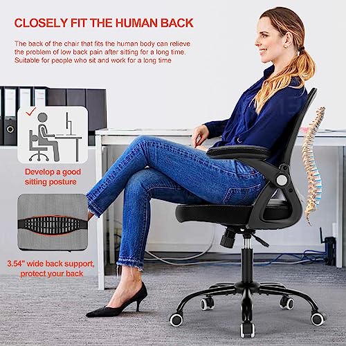 Office Chair,Ergonomic Home Desk Chairs,PU Leather Thick Cushion Mesh Office Chairs,Adjustable Executive Task Chair with Flip-up PU Armrests,360° Swivel Computer Chairs,Black