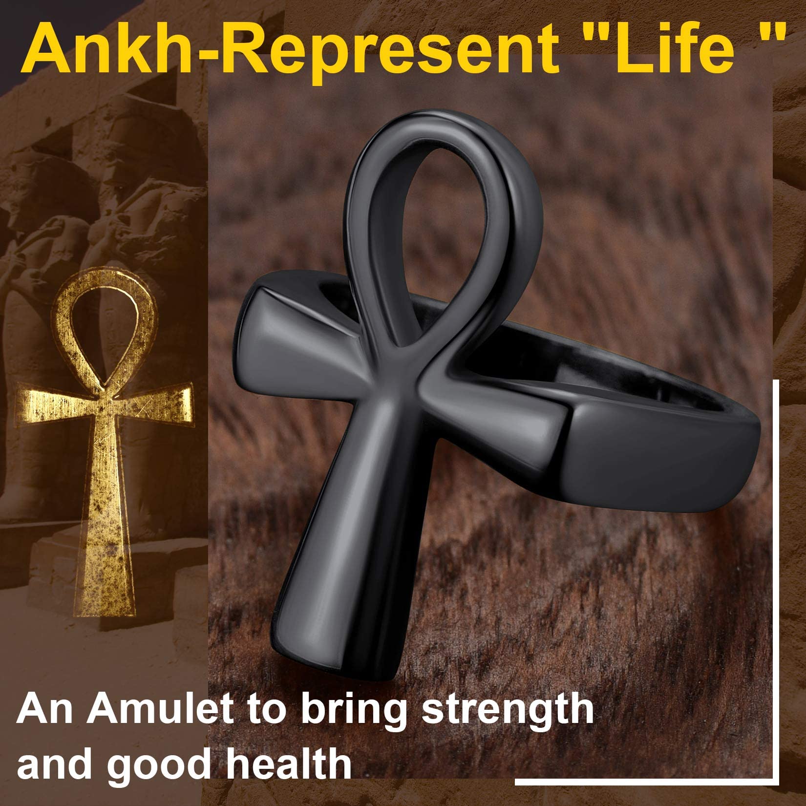 Black Stainless Steel Rings for Women Size 7 Protection Ring Ankh Cross Ring