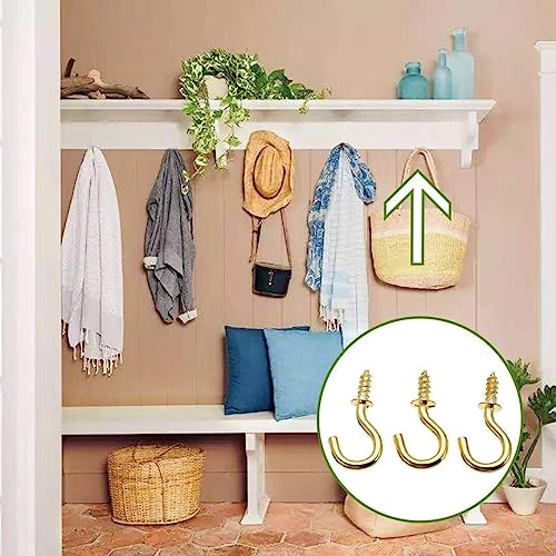 LANSEYQO Mini Ceiling Screw Hooks, 50 Pcs (1/2 inch) Hanging Cup Hooks Brass Plated Screw-in Hooks for Hanging Plants Mug Arts Decorations, Gold